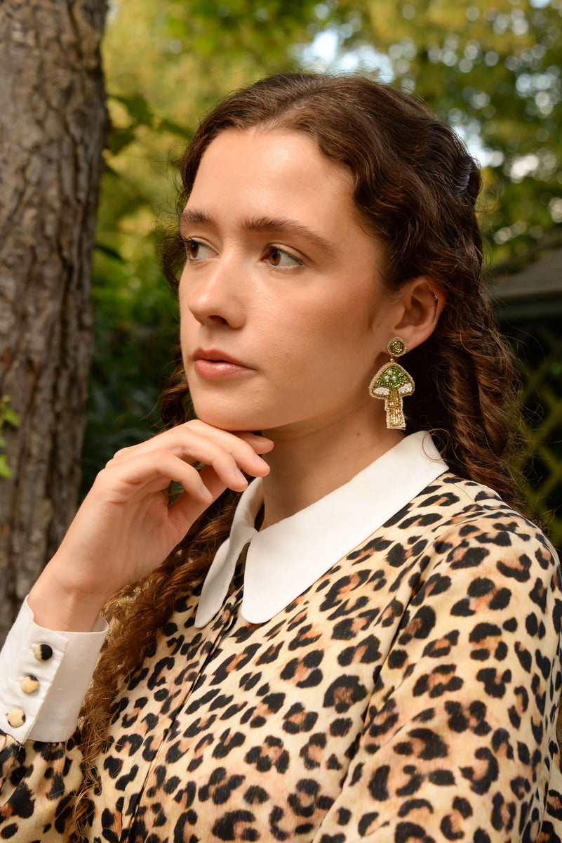 My Doris Statement Hand Beaded Green Mushroom Stud Earrrings ...